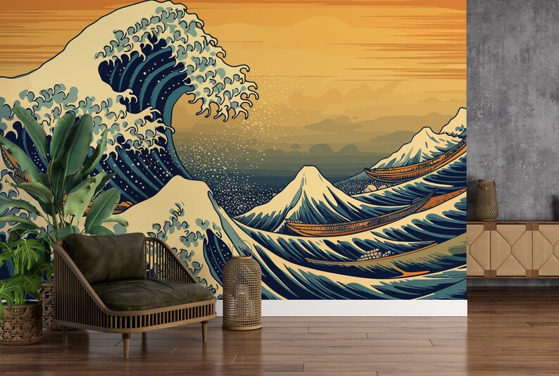 Golden Wave Mural | Japanese Ocean Art Peel & Stick Removable Wallpaper ...