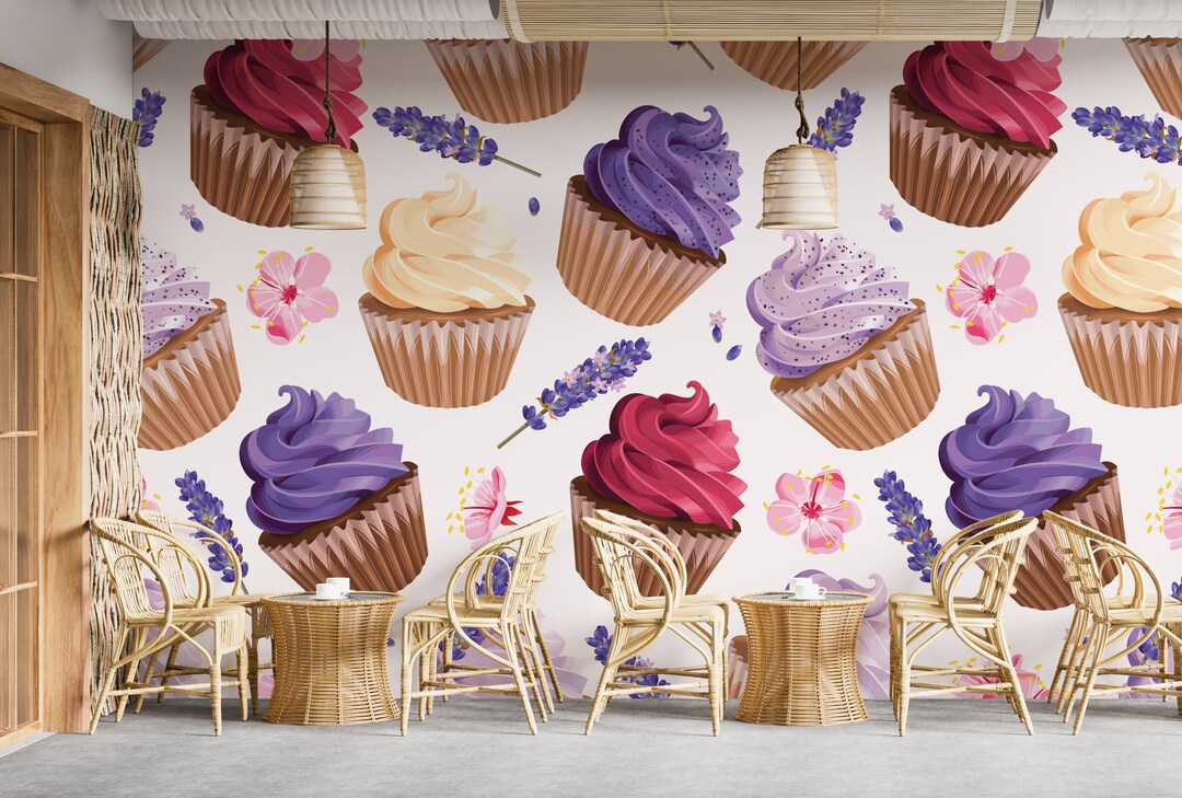 Cupcake Wallpaper | Peel & Stick Vintage Dessert Mural | Cafe Bakery ...