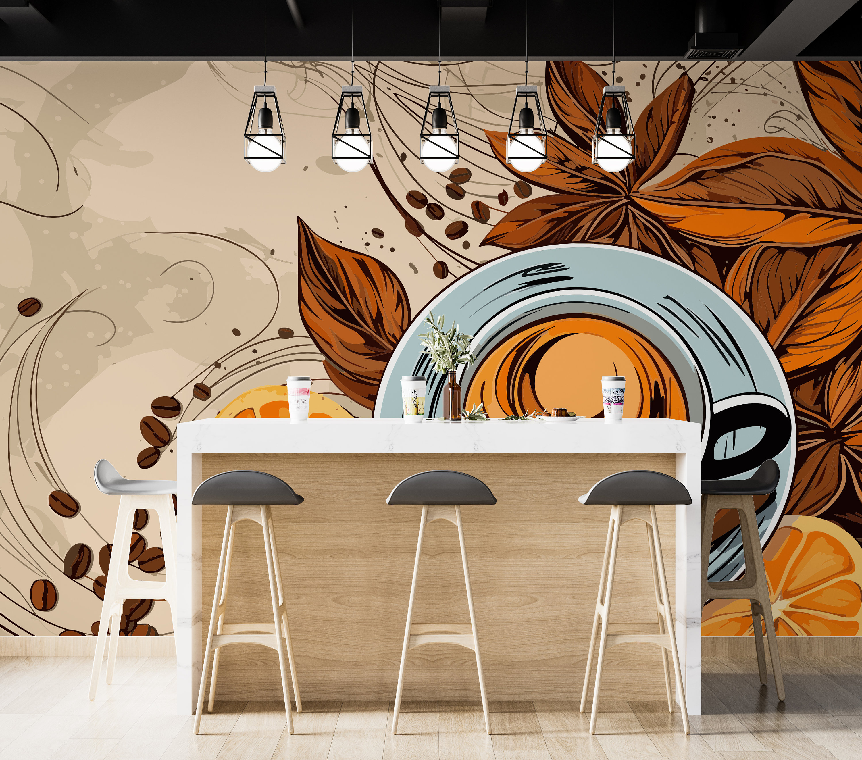 Coffee Shop Mural Wallpaper | Peel & Stick Cafe Wall Decor | Fabric ...