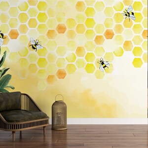 Honey Glow | Bee and Honeycomb Mural Wallpaper | Yellow Nature Peel ...