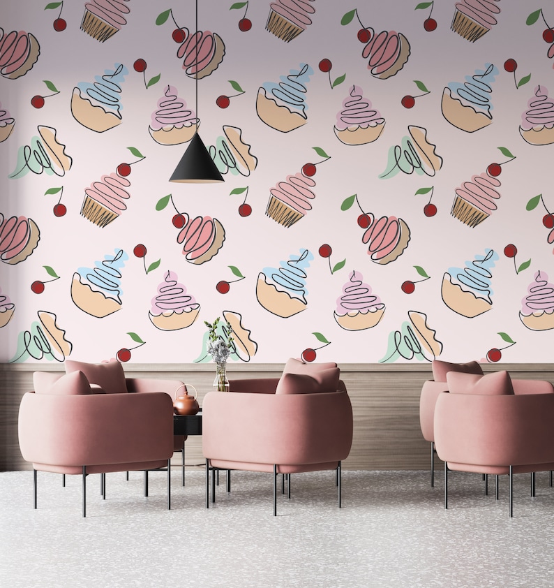 Cupcake Wallpaper Mural | Peel & Stick Bakery Cafe Mural | Dessert Shop ...