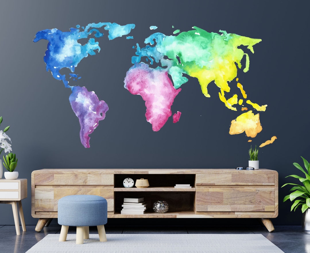 Watercolor World Map Wall Decal | World Map Wall Sticker | World Map ...