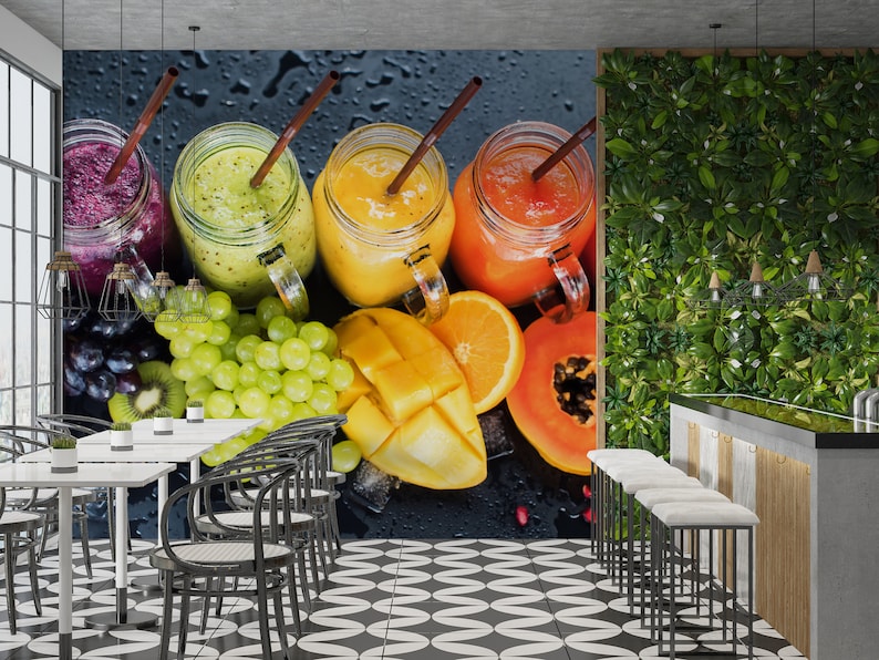 Smoothie Splash Café Mural | Fruit Juice Bar Peel & Stick Wallpaper ...