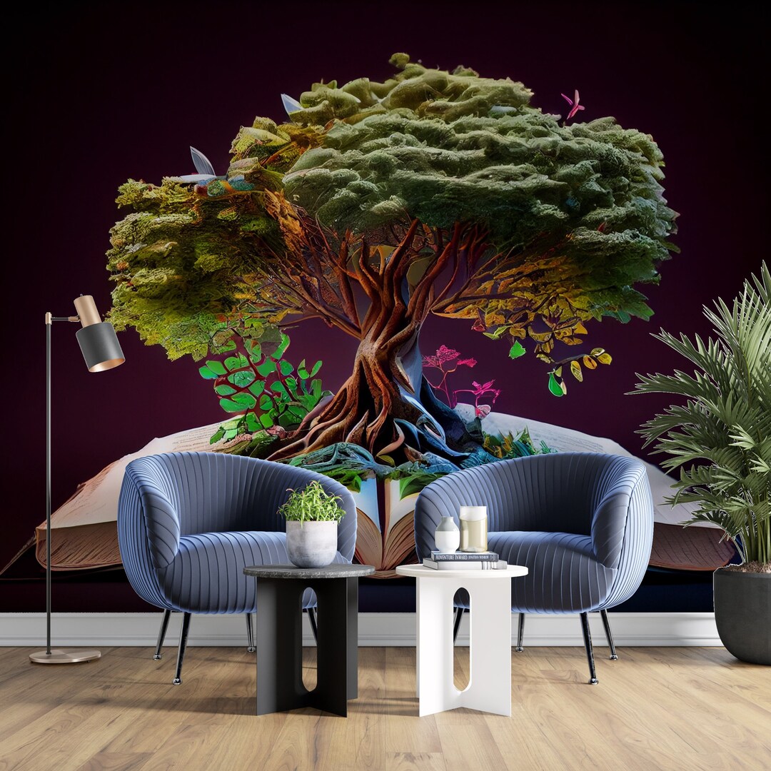 Knowledge Tree Library Wall Mural | Line Art Peel and Stick Self ...