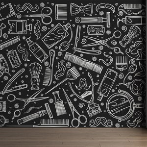 Barber Shop Tools Wallpaper | Peel & Stick Salon Wall Mural | Vintage ...