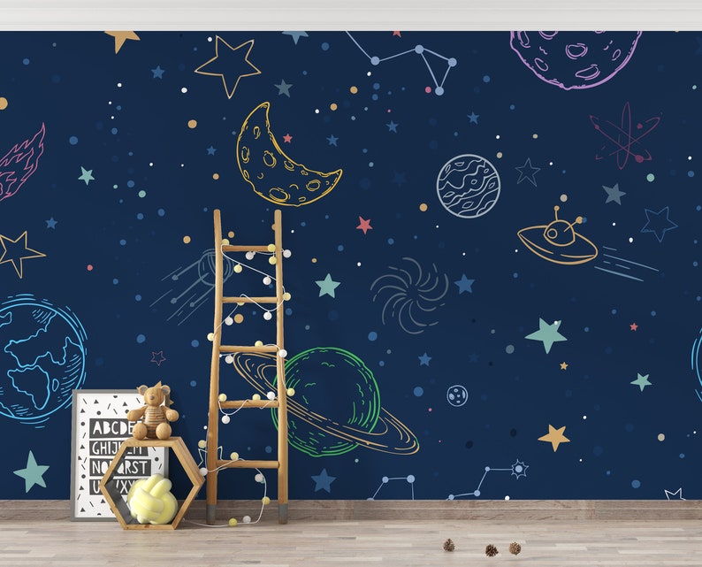 Starry Solar System Mural | Kids Space Peel & Stick Removable Wallpaper ...