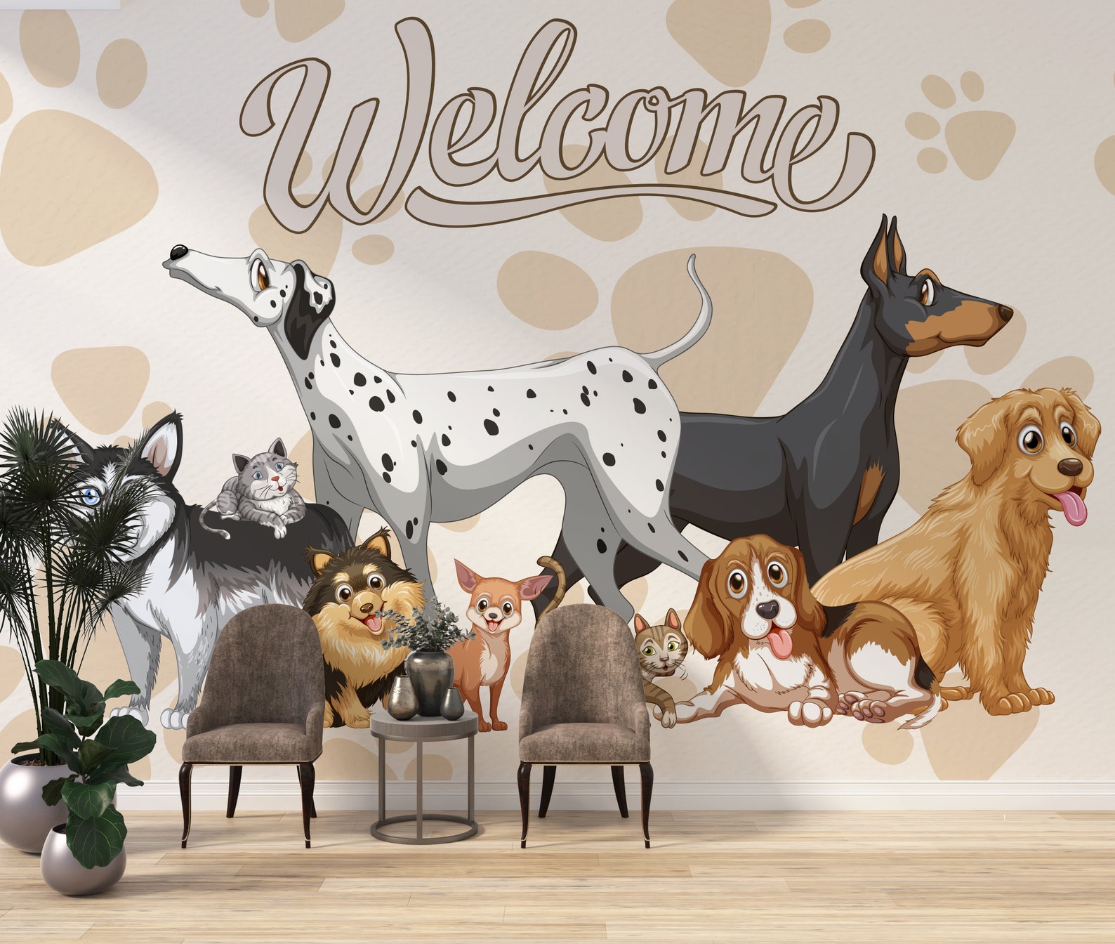 Welcome Pets Mural | Dog Cat Grooming Peel & Stick Removable Wallpaper ...