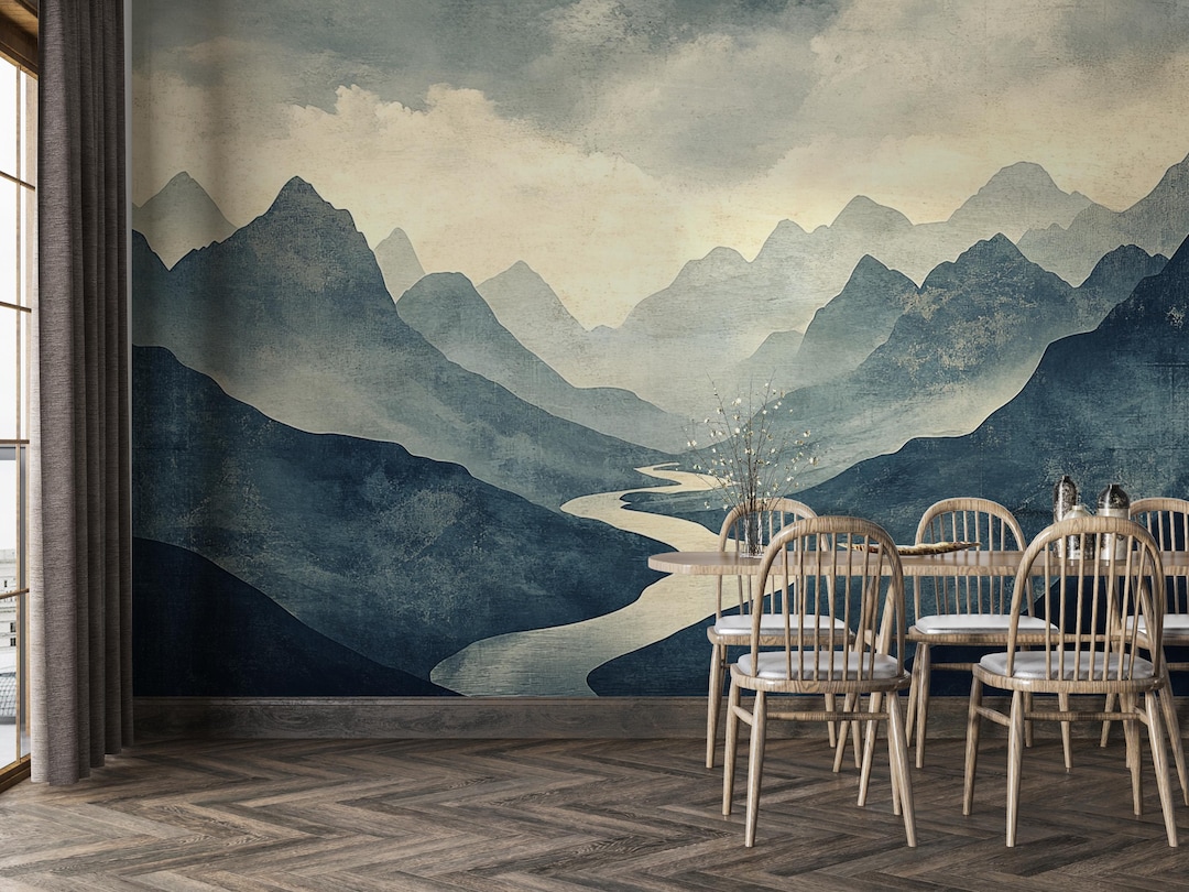 Mountain River Wall Mural | Serene Blue Nature Landscape Peel and Stick ...