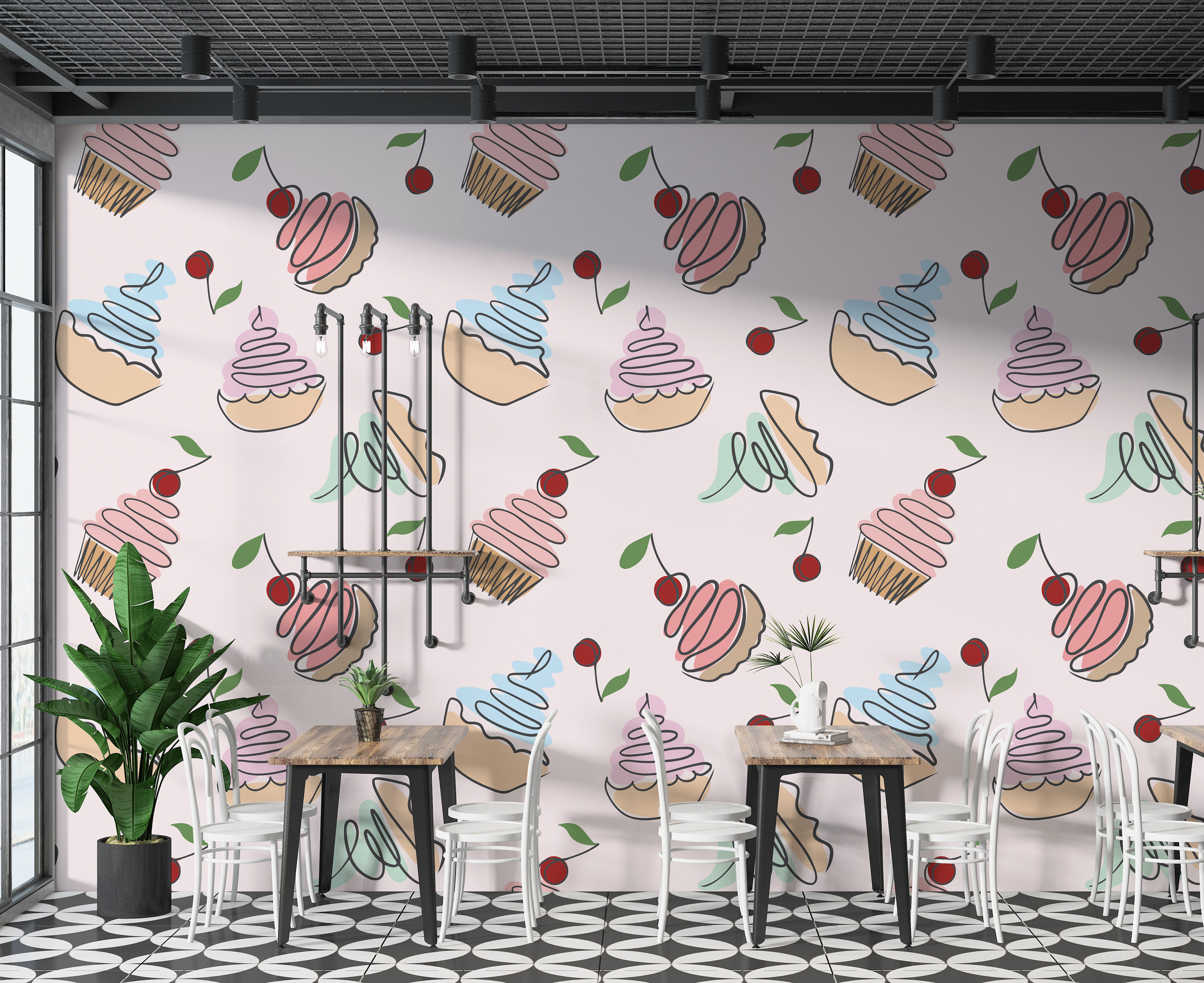 Cupcake Wallpaper Mural | Peel & Stick Bakery Cafe Mural | Dessert Shop ...