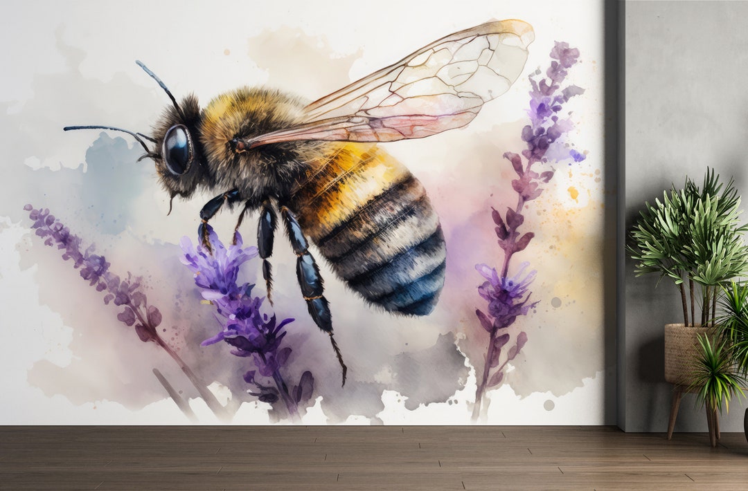 Amber Flight | Honey Bee Watercolor Mural Wallpaper | Floral Nature ...