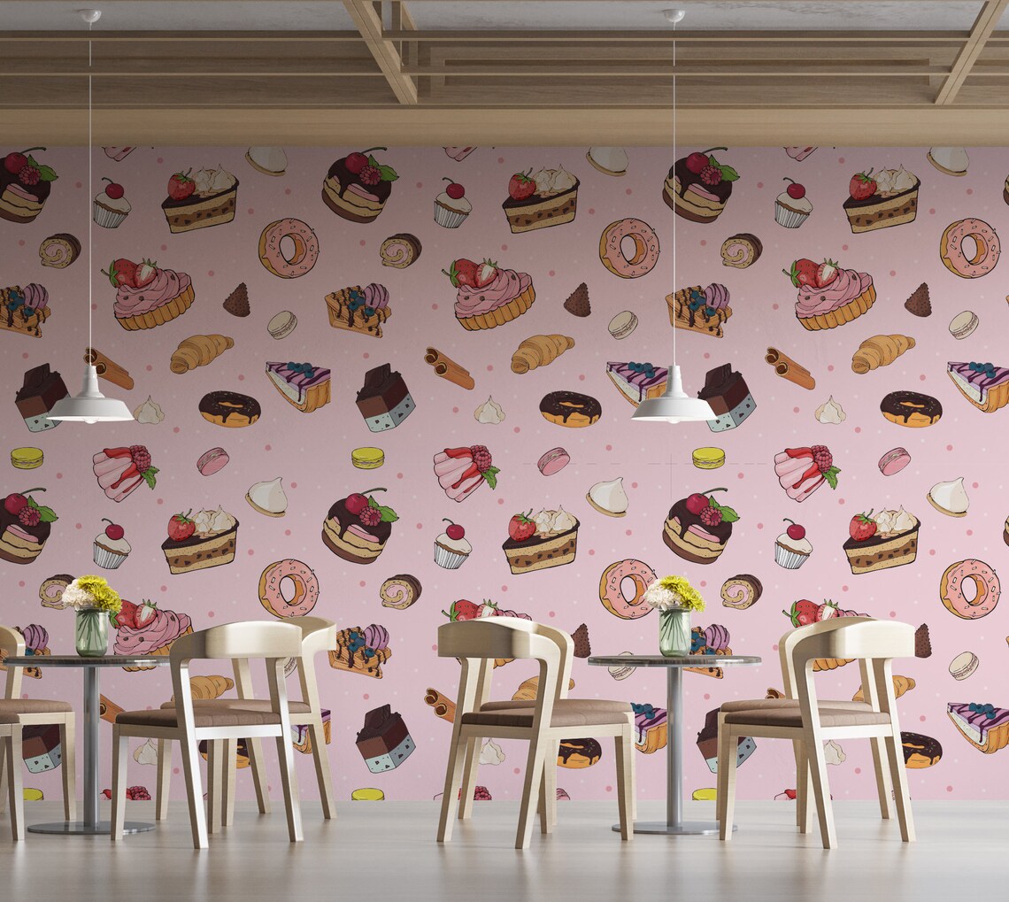 Sweets Desserts Wallpaper | Peel & Stick Bakery Cafe Mural | Donut ...
