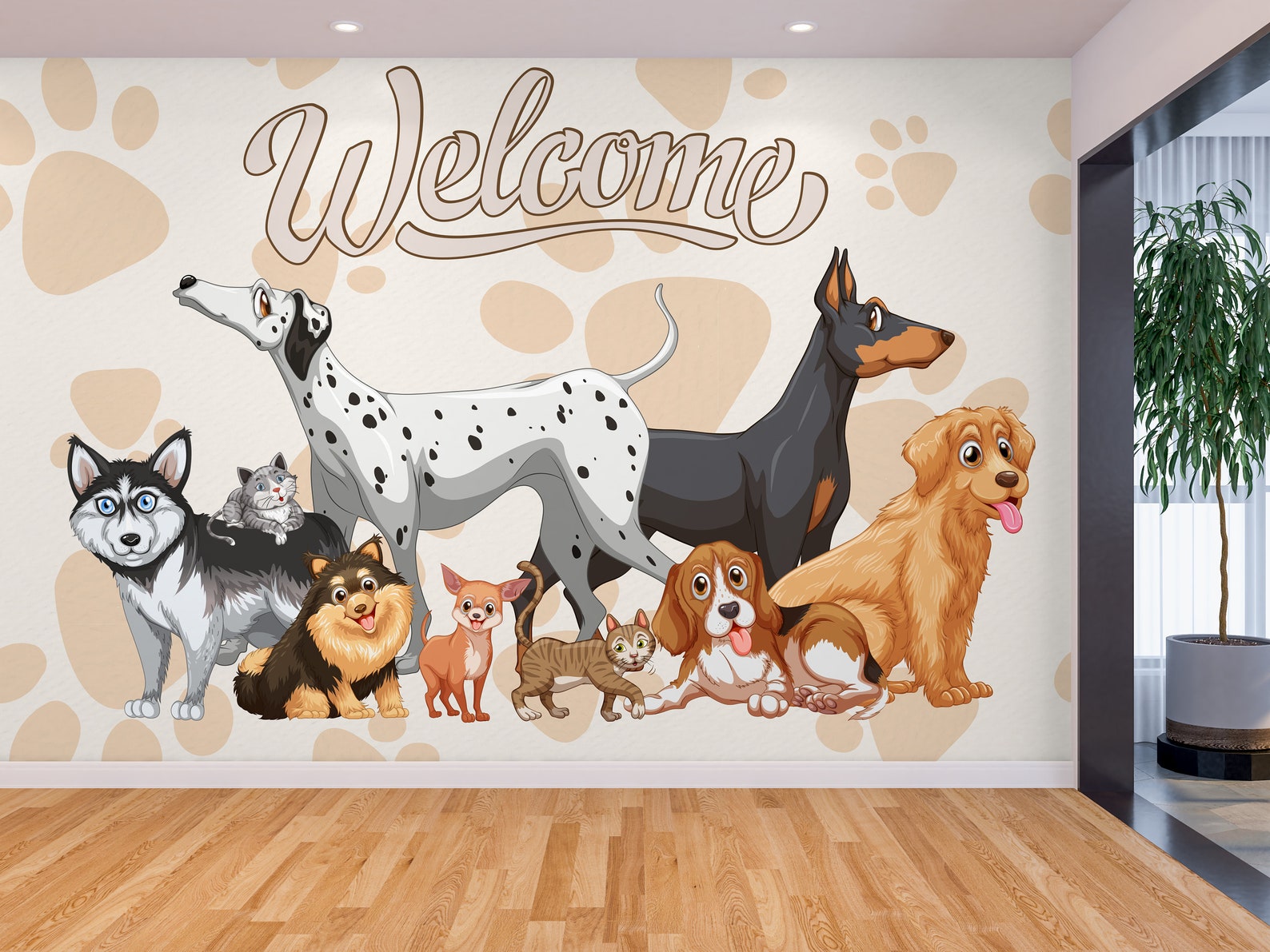 Welcome Pets Mural | Dog Cat Grooming Peel & Stick Removable Wallpaper ...