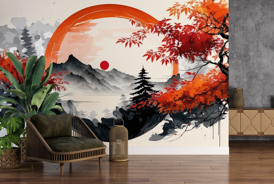 Japanese Nature Wallpaper Japanese Pagoda Wall Graphics Mountain Peel ...