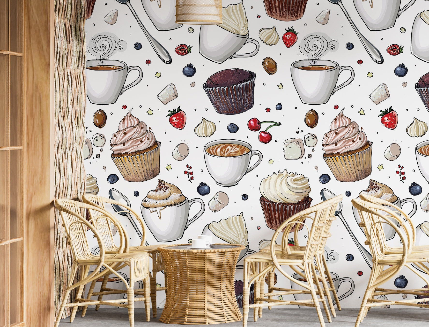 Sweets and Coffee Wallpaper | Peel & Stick Cafe Bakery Mural | Dessert ...