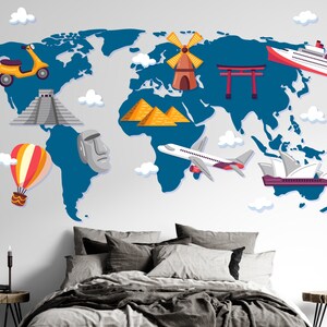 Travel World Map Wall Decal World Map Wall Sticker World Map Wall Decor ...