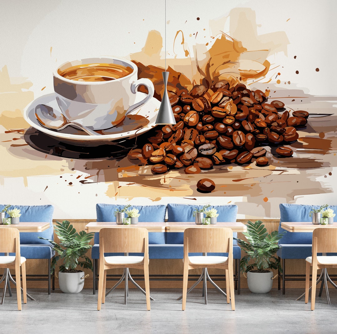 Buy Coffee Shop Mural Wallpaper | Peel & Stick Fabric Wall Decor ...
