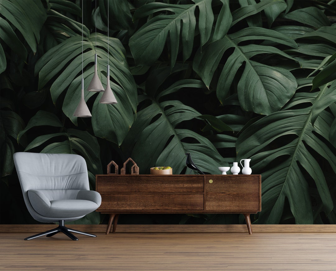 Emerald Monstera Leaves | Tropical Jungle Mural | Dark Green Peel ...