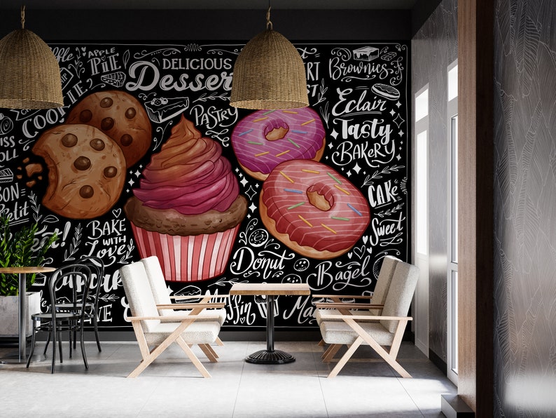 Sweets Desserts Wallpaper | Peel & Stick Bakery Cafe Mural | Cupcake ...