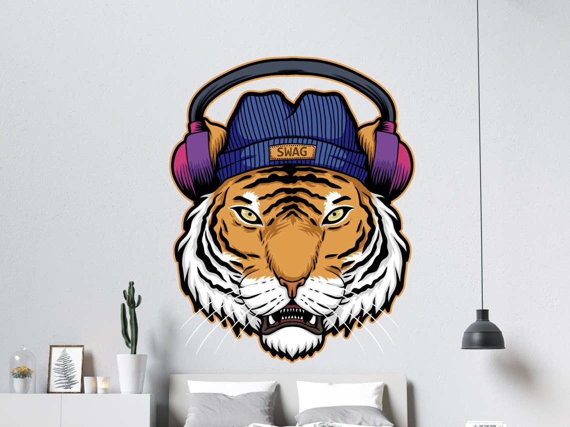 Tiger Wearing Headphones Wall Decal Tiger Head Wall Sticker - Etsy