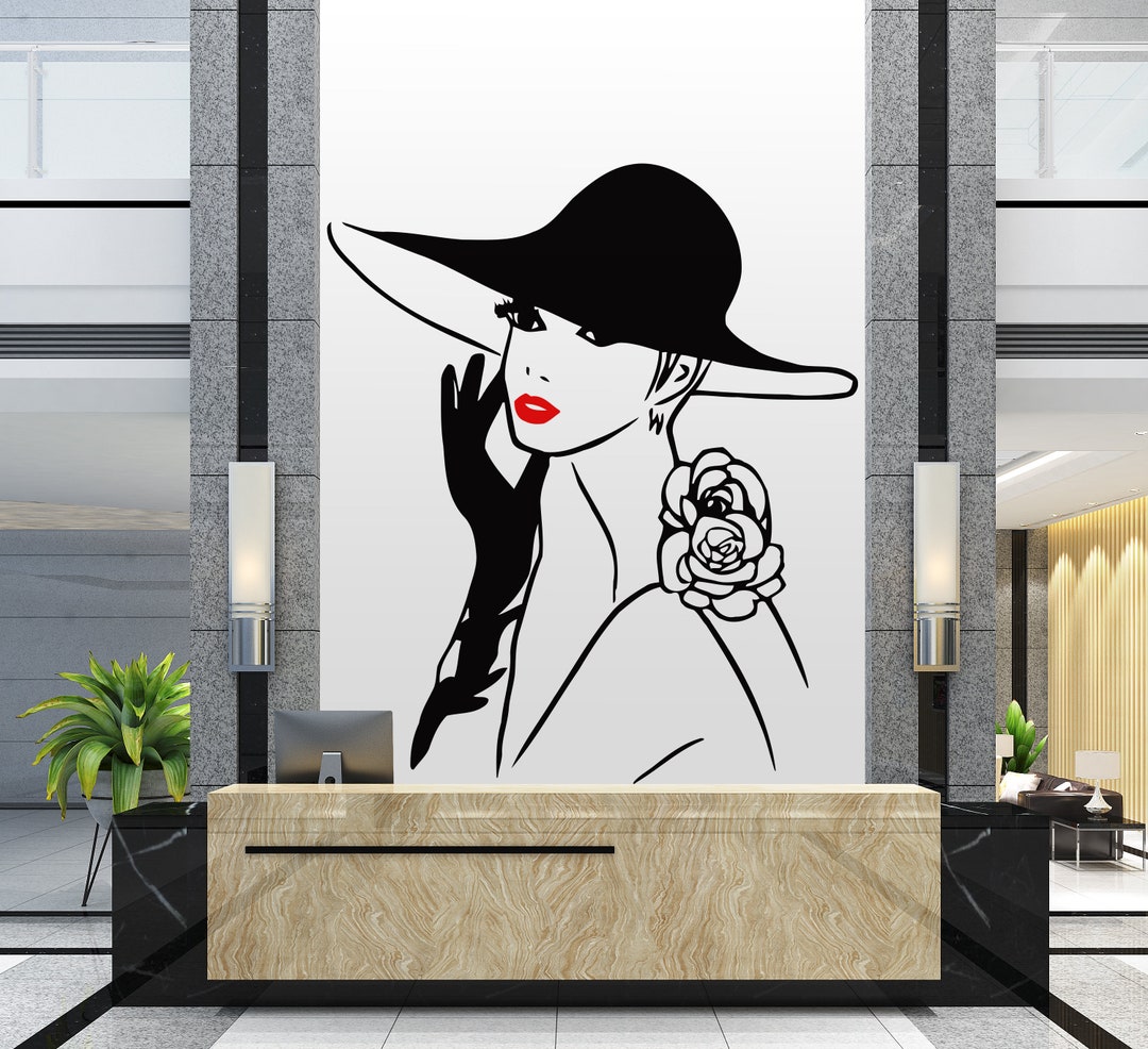 Beautiful Woman Decal Lady Wearing Hat Wall Decal Woman Red Lips Wall ...
