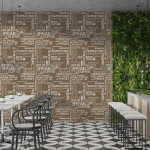 Coffee Typography Wall Mural | Word Art Peel & Stick Café Wallpaper ...