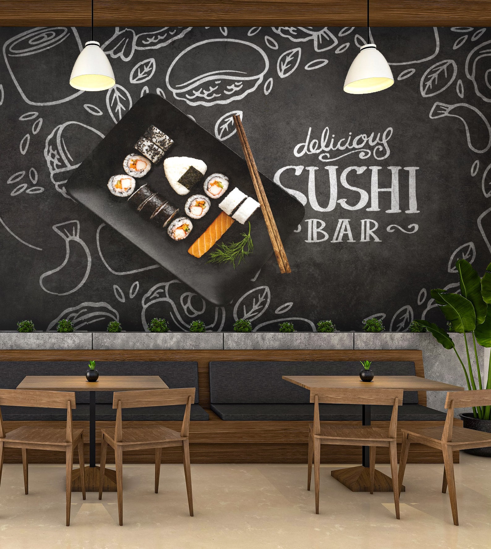 Sushi Bar Wall Mural | Japanese Restaurant Chalkboard Style | Peel ...