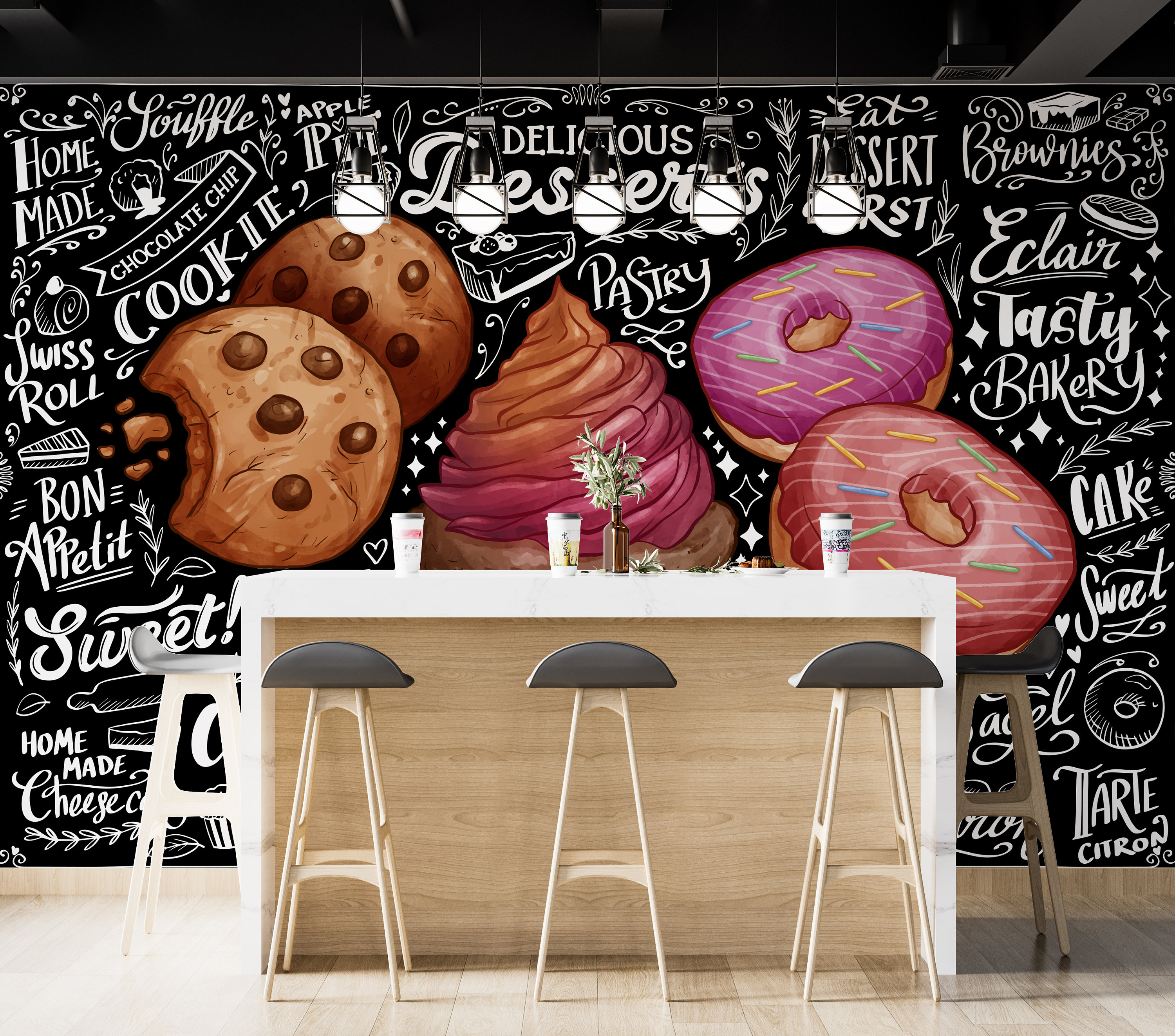 Sweets Desserts Wallpaper | Peel & Stick Bakery Cafe Mural | Cupcake ...