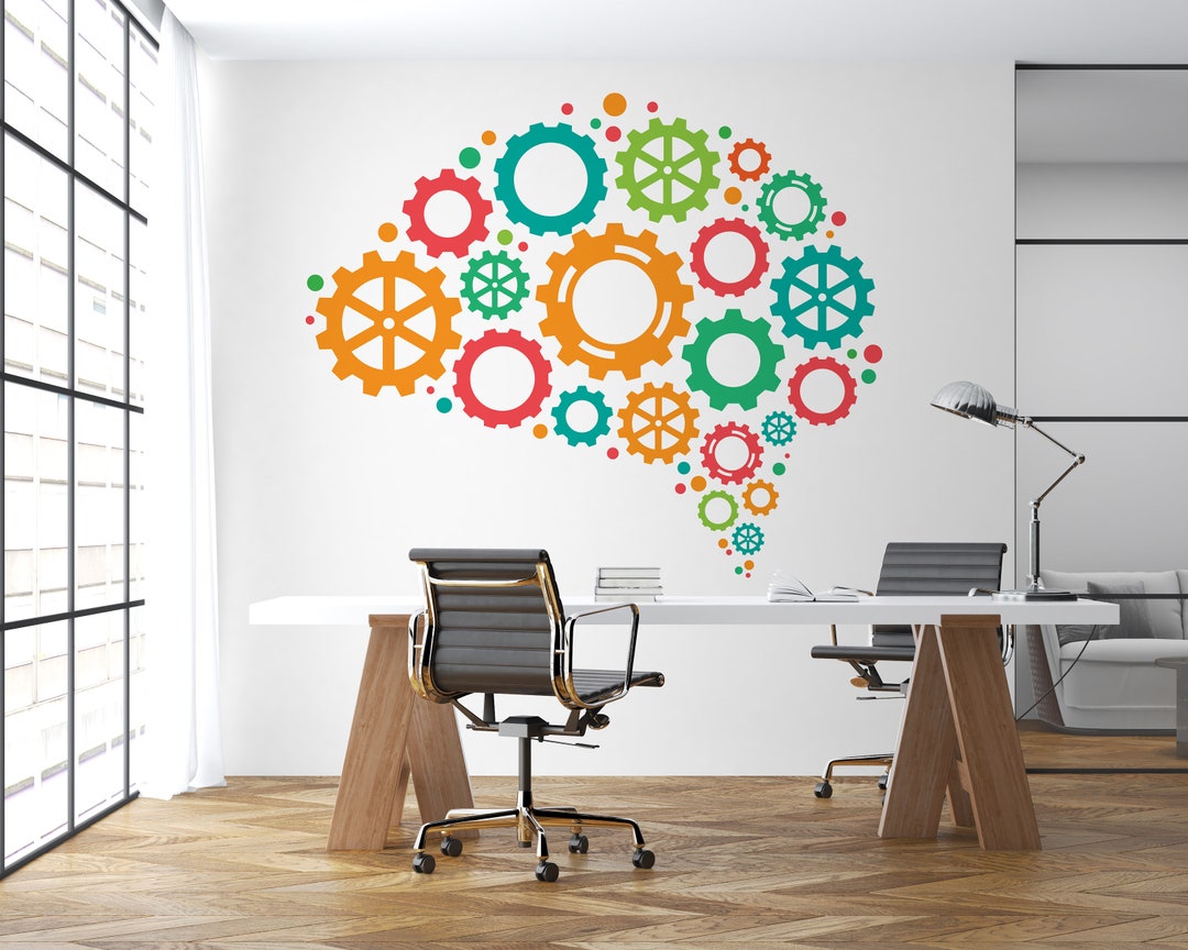 Mind Gears Wall Decal: Office Brain Art, Motivational Quote Sticker ...