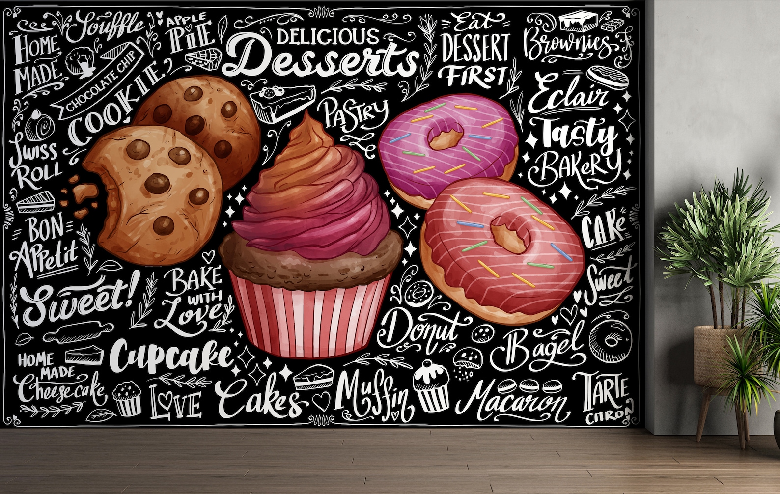 Sweets Desserts Wallpaper | Peel & Stick Bakery Cafe Mural | Cupcake ...