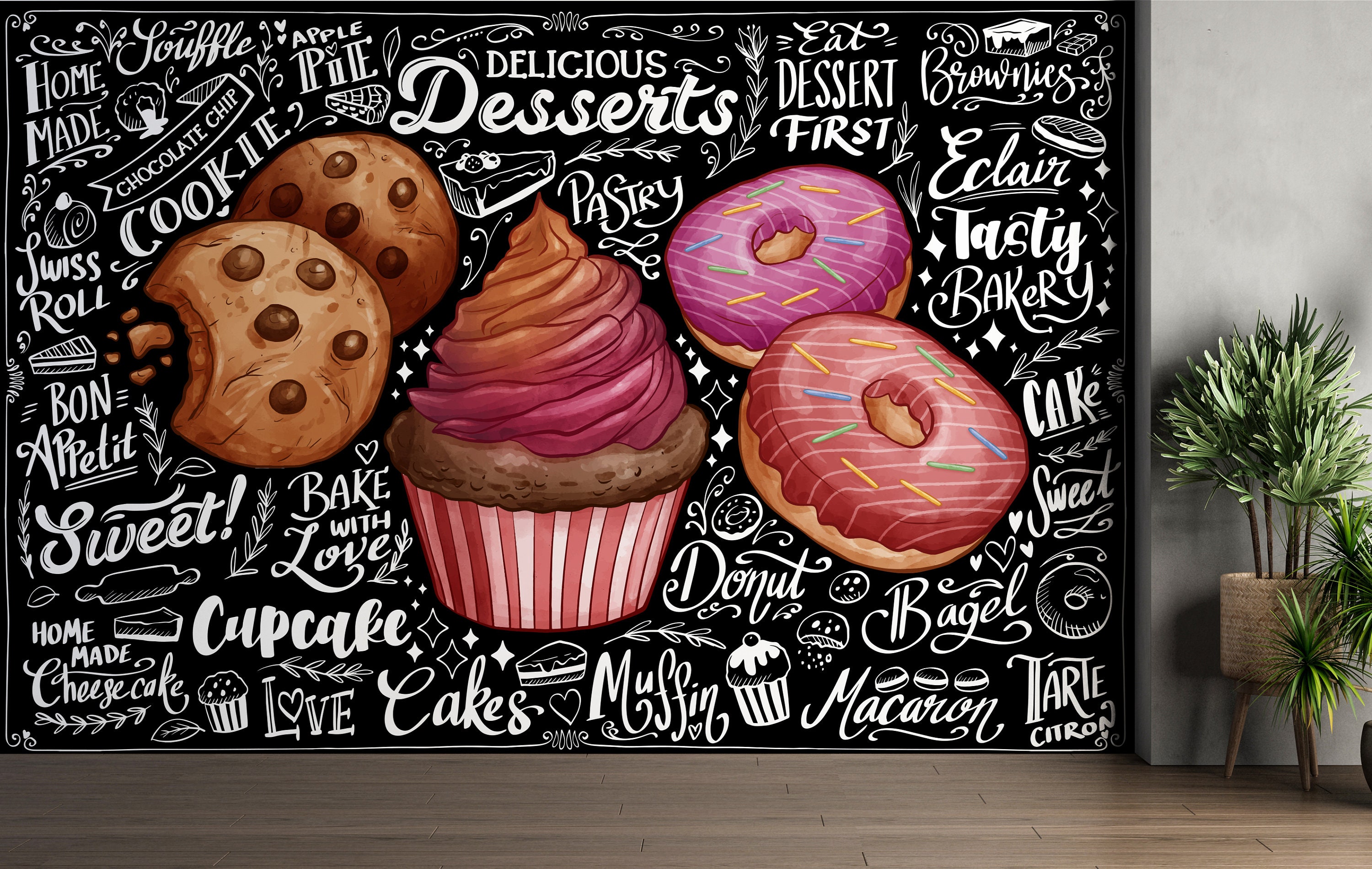 Sweets Desserts Wallpaper | Peel & Stick Bakery Cafe Mural | Cupcake ...
