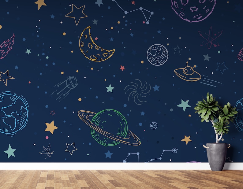 Starry Solar System Mural | Kids Space Peel & Stick Removable Wallpaper ...