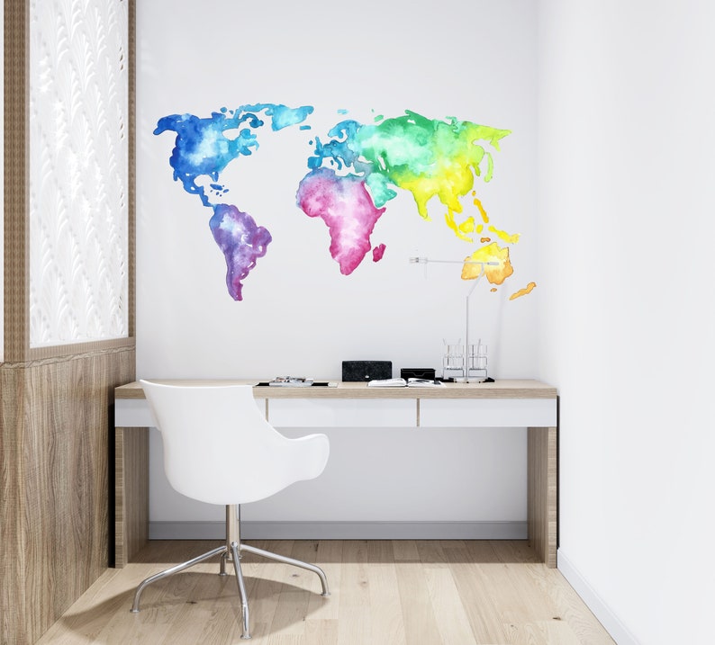 Watercolor World Map Wall Decal World Map Wall Sticker - Etsy