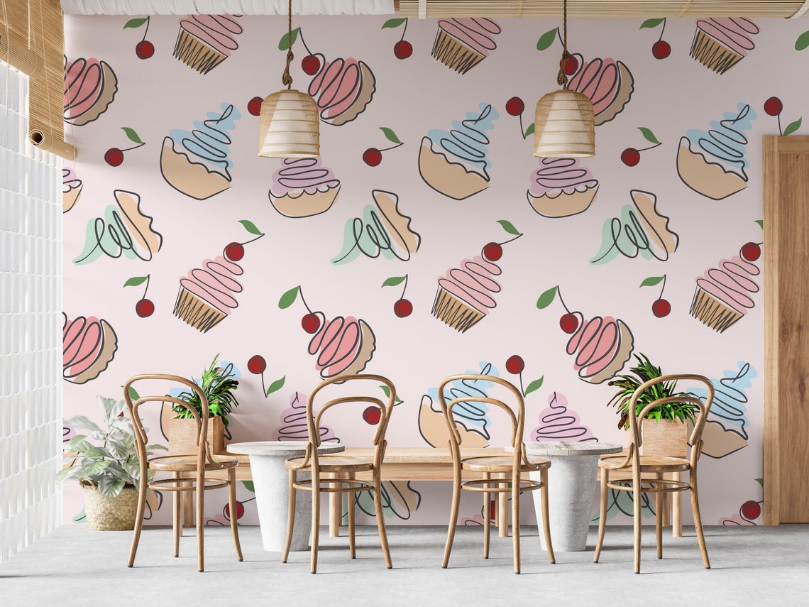 Cupcake Wallpaper Mural | Peel & Stick Bakery Cafe Mural | Dessert Shop ...