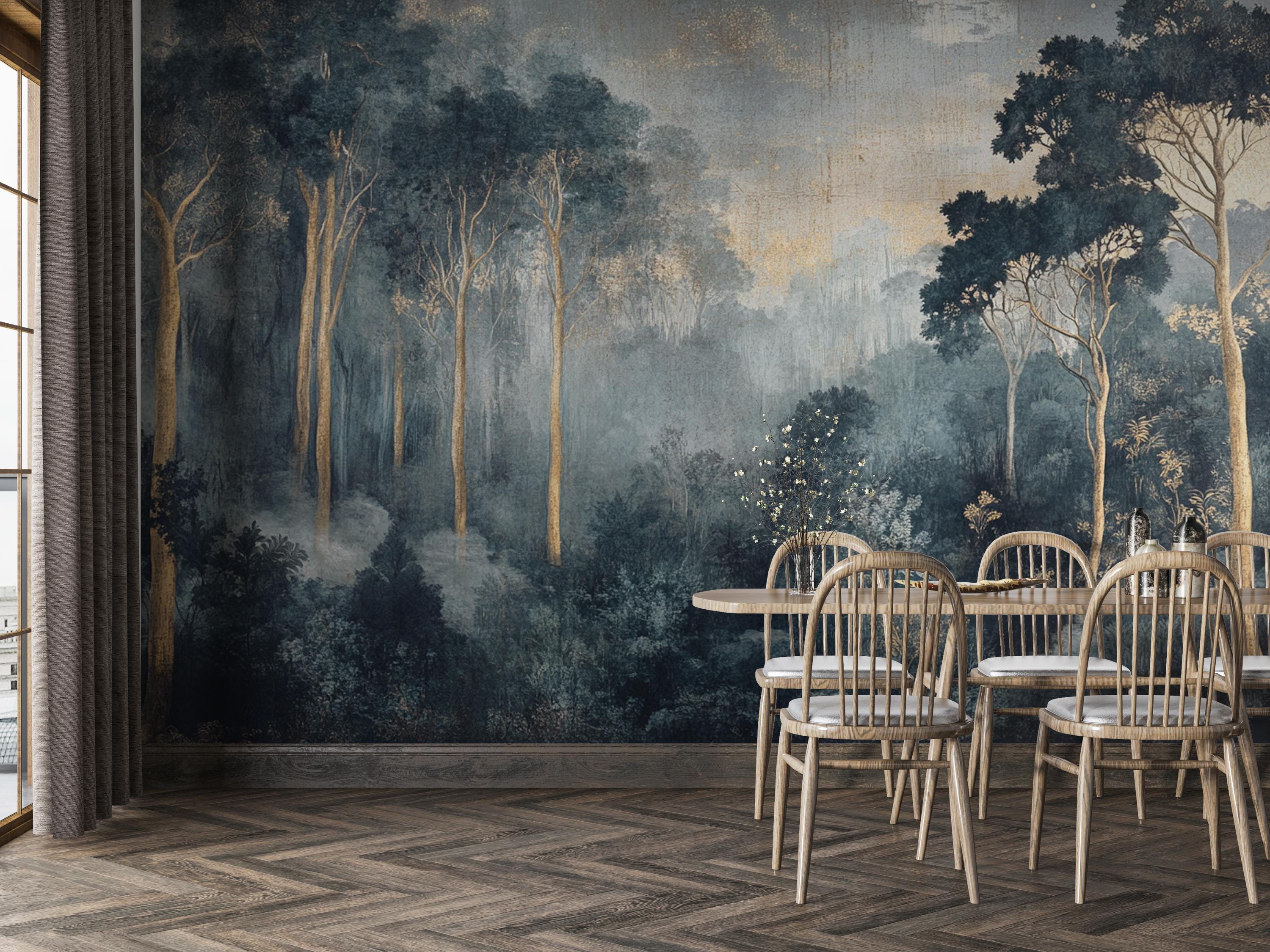Dark Forest Mural Wallpaper | Vintage Misty Woodland Peel and Stick ...
