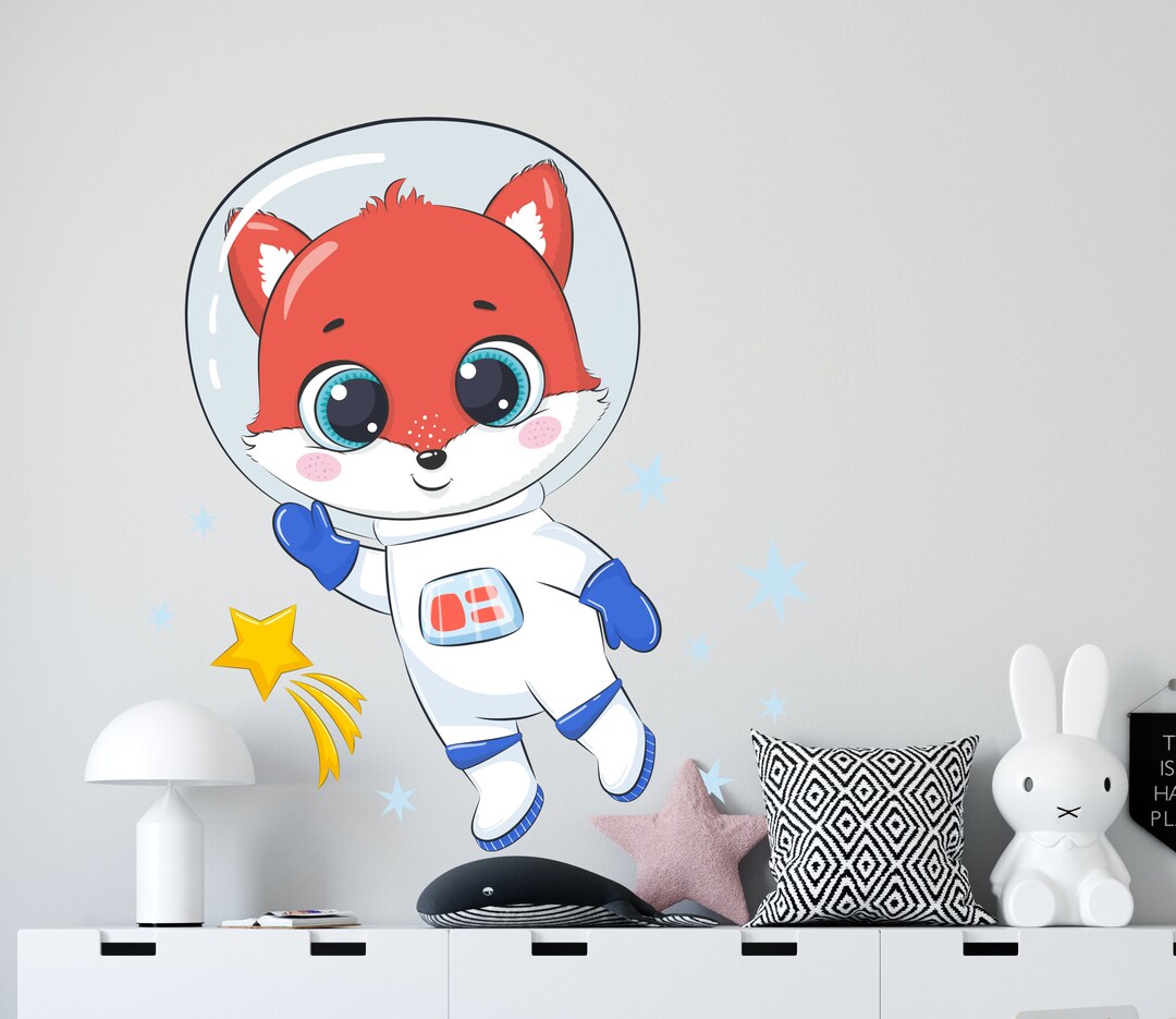 Astronaut Baby Cartoon Fox Wall Decal Outer Space Wall Decor for Kids ...