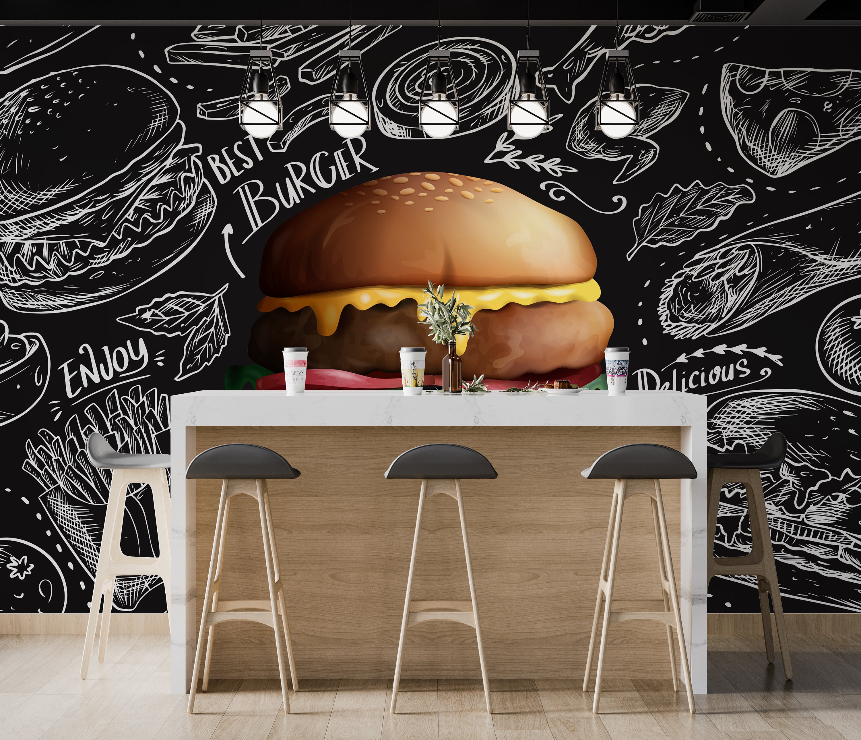 Burger & Fries Restaurant Wallpaper: Peel and Stick Removable Mural ...