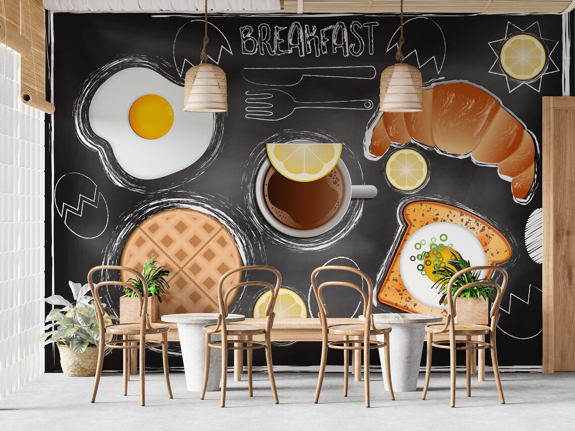 Breakfast Diner Wallpaper | Eggs Coffee Toast Peel & Stick Wall Mural ...