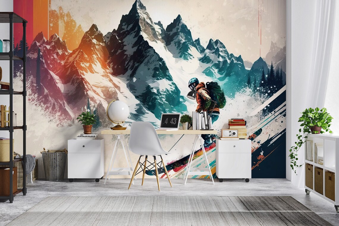 Alpine Descent | Skiing Mountain Mural Wallpaper | Winter Sports Wall ...