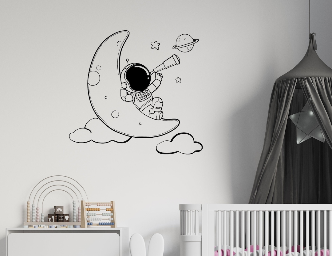 Astronaut on the Moon Wall Decal | Outer Space Wall Decal | Custom Name Wall Decal | Decal for ...