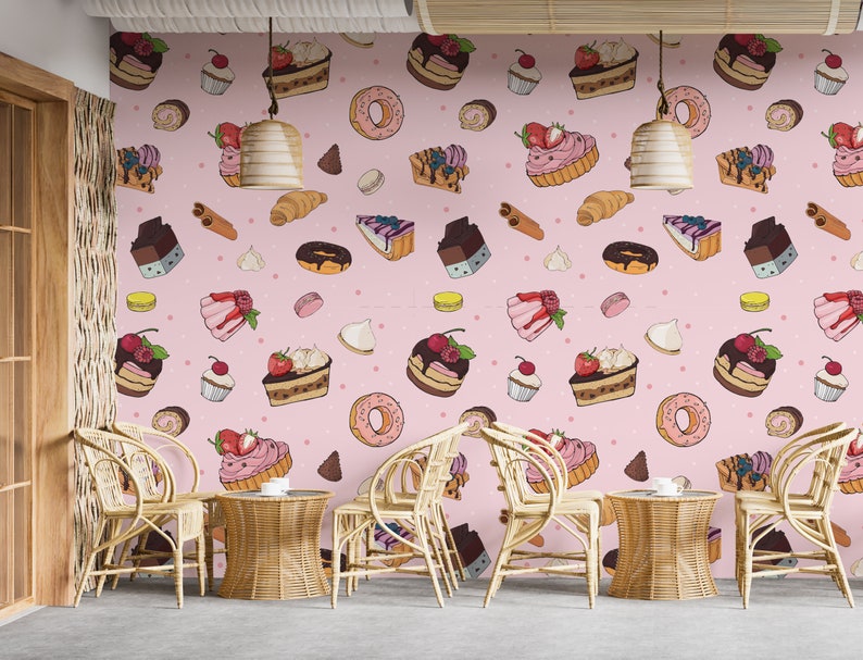 Sweets Desserts Wallpaper | Peel & Stick Bakery Cafe Mural | Donut ...