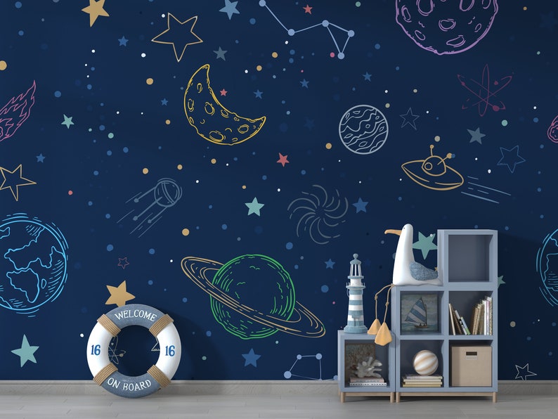 Starry Solar System Mural | Kids Space Peel & Stick Removable Wallpaper ...