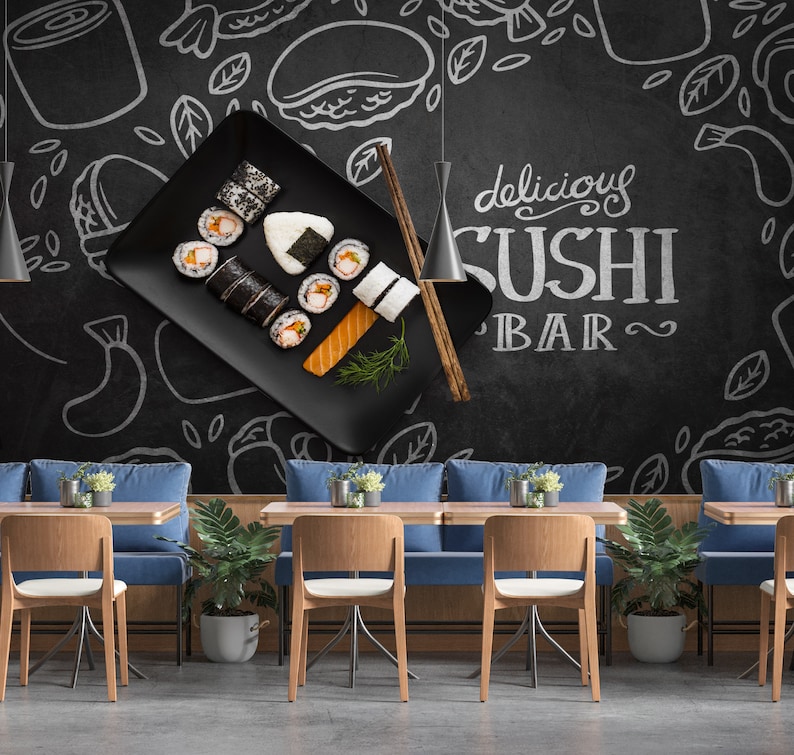 Sushi Bar Wall Mural | Japanese Restaurant Chalkboard Style | Peel ...