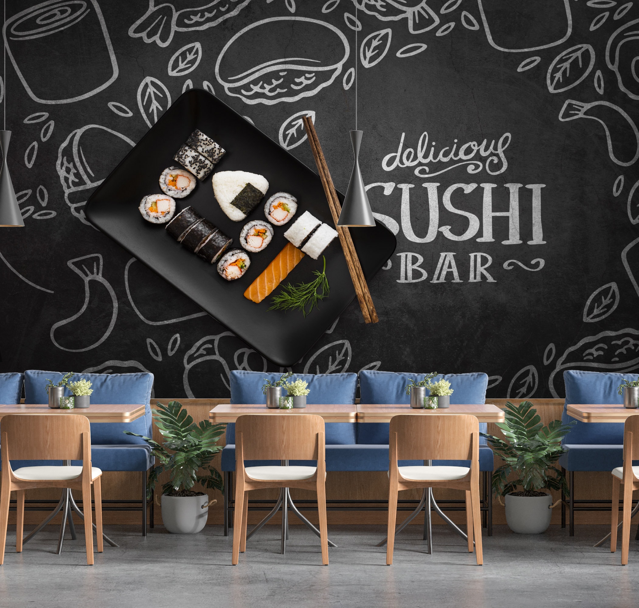 Sushi Bar Wall Mural | Japanese Restaurant Chalkboard Style | Peel ...