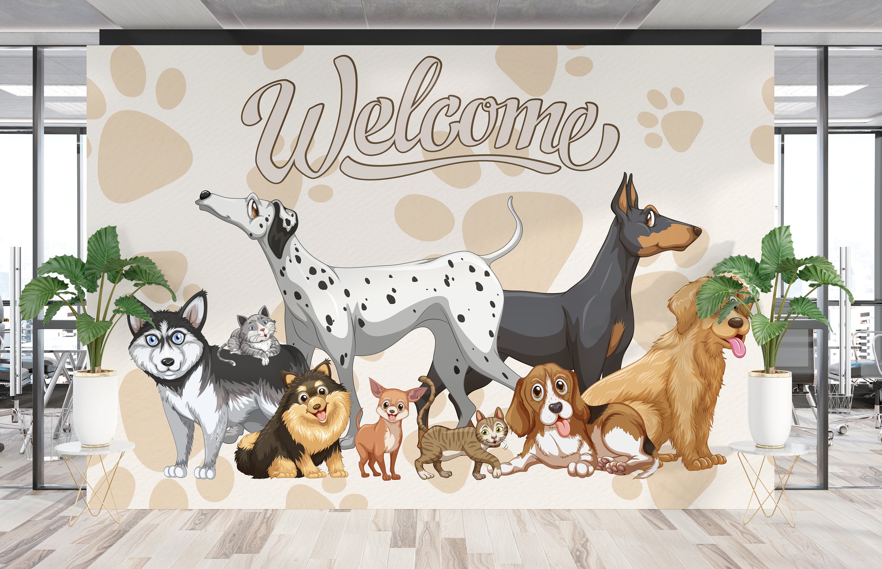 Welcome Pets Mural | Dog Cat Grooming Peel & Stick Removable Wallpaper ...