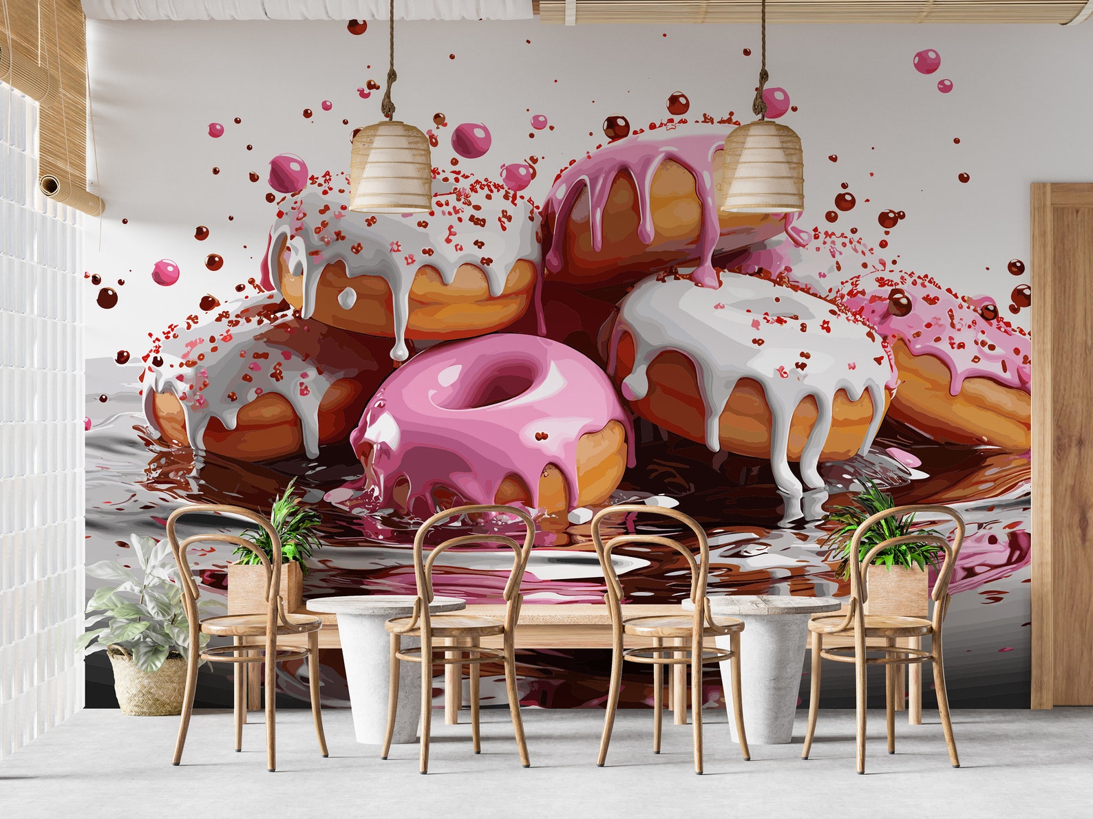 Donut Wall Mural | Peel & Stick Bakery Wallpaper | Cafe Dessert Sweet ...