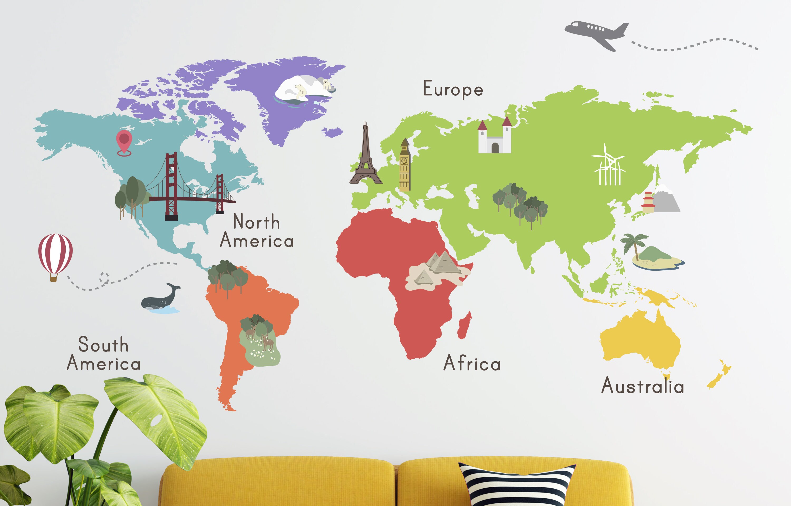 Travel World Map Wall Decal World Map Wall Sticker World | Etsy