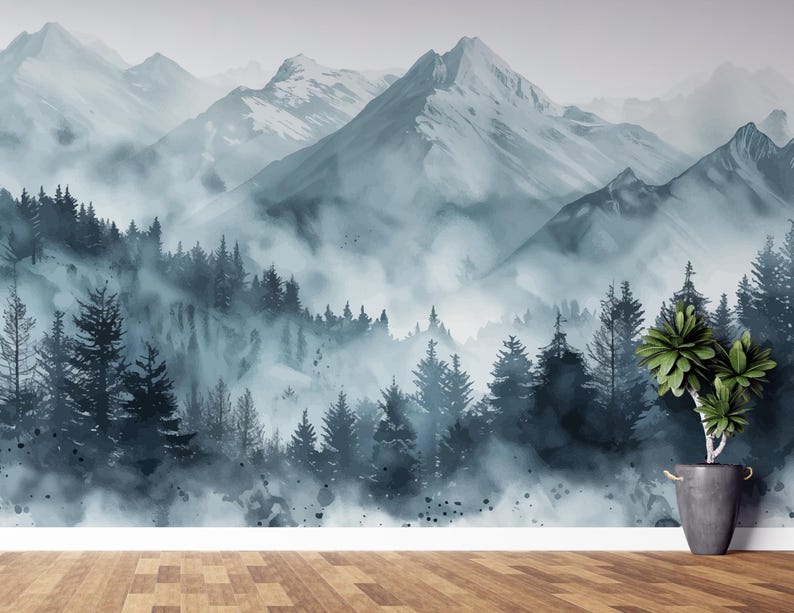 Blue Foggy Mountain Wallpaper | Watercolor Forest Mural | Misty Pine ...