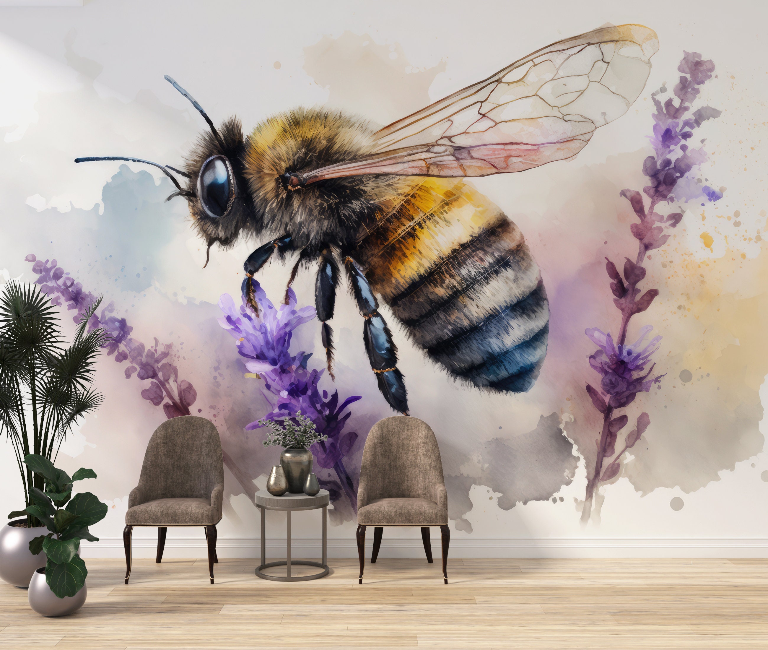 Amber Flight | Honey Bee Watercolor Mural Wallpaper | Floral Nature ...