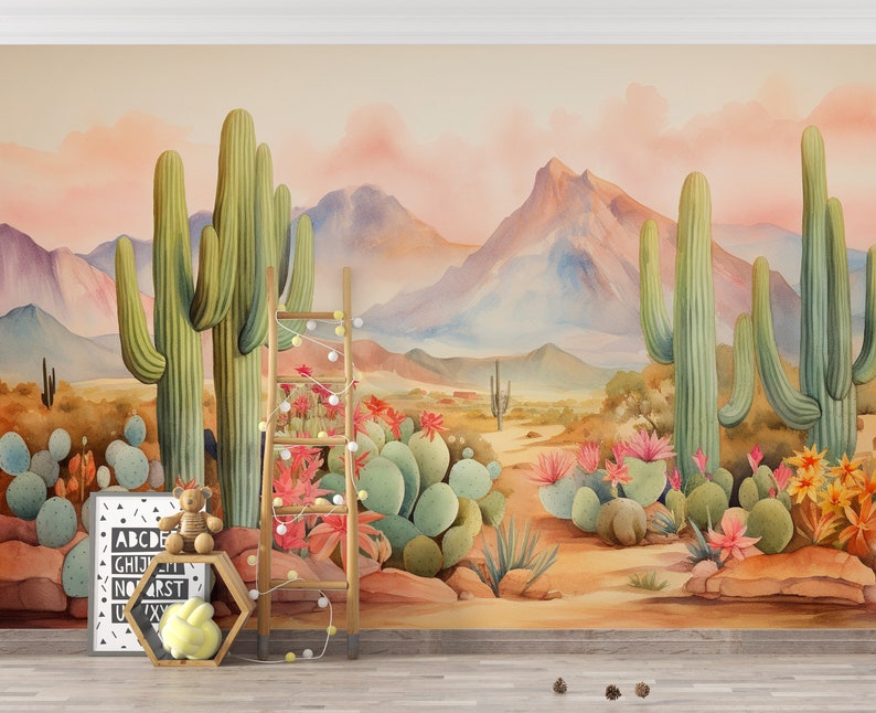 Desert Bloomscape | Watercolor Cactus Landscape Mural | Southwestern ...
