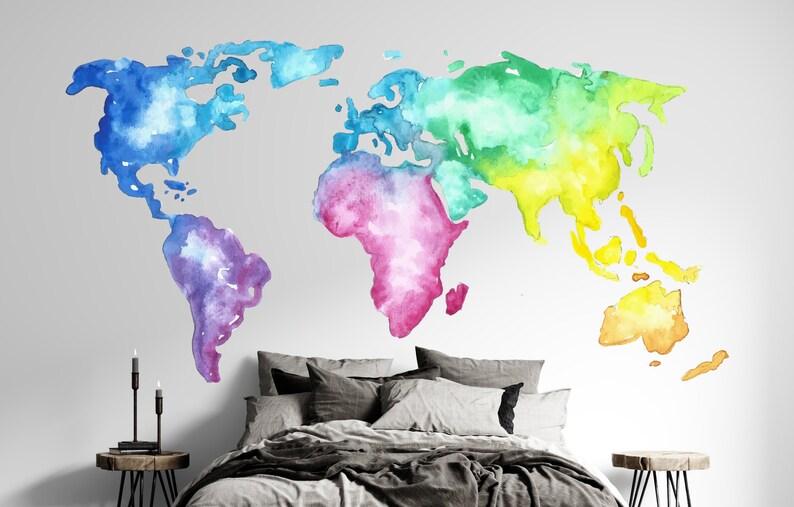 Watercolor World Map Wall Decal World Map Wall Sticker - Etsy